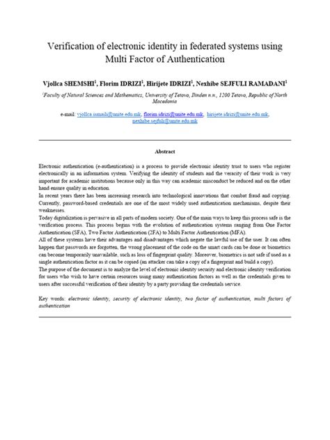 Verification Of Electronic Identity In Federated Systems Using Multi Factor Of Authentication Pdf