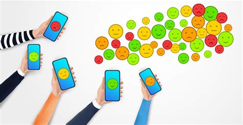 바이러스 성 소셜 미디어 마케팅 피드백 비즈니스 개념 이모티콘 흰색 배경에 고립 된 아이콘 소셜 네트워크 벡터 배너와 스마트 폰을 들고 많은 손 벡터 일러스트 개념에 대한