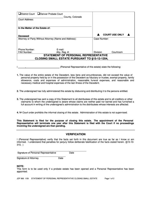 Fillable Statement Of Personal Representative Printable Pdf Download