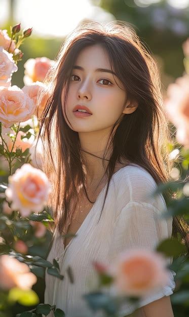 색 드레스를 입은 여자가 분홍색 장미 덤불 앞에 포즈를 취하고 있다 프리미엄 Ai 생성 이미지