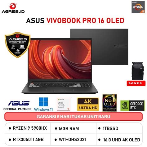 Jual ASUS VIVOBOOK PRO 16 OLED M7600QE RYZEN 9 5900HX RTX3050TI 4GB 16GB 1TB W11 OHS 16 0 4K