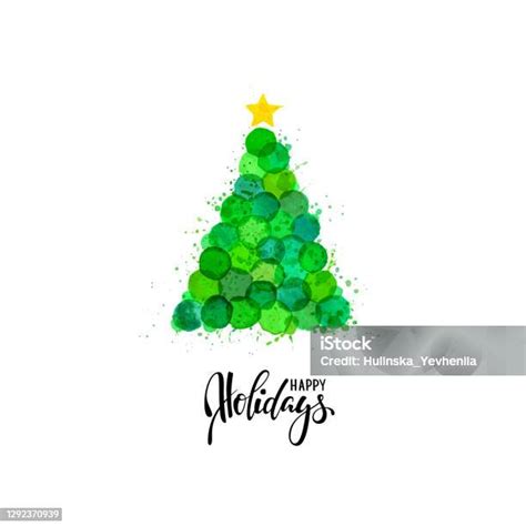밝은 녹색 수채화 얼룩 손으로 그린 크리스마스 트리 해피 홀리데이 레터링 메리 크리스마스와 새해 복 많이 받으세요 계절겨울