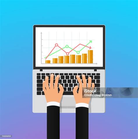 주식 거래소 벡터 일러스트 레이 션 개념 노트북 화면 추상 주식 시장 성장과 실업가 손 그라데이션 배경에 고립 된 디자인 요소