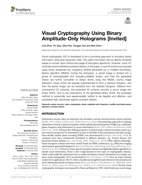 Pdf Visual Cryptography Using Binary Amplitude Only Holograms [invited]