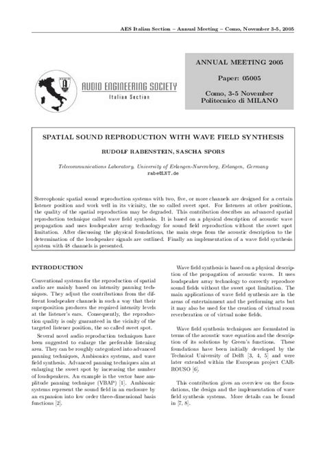 Pdf Spatial Sound Reproduction With Wave Field Synthesis