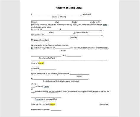 Affidavit Of Single Status Notary Form Affidavit Of Single Status Form Template Simple Notary