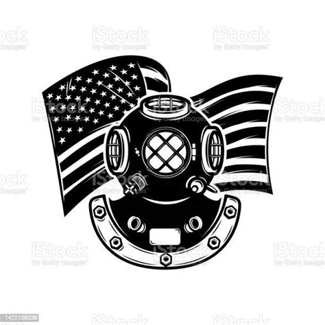 미국 국기 배경에 다이버 헬멧 포스터 카드 배너 디자인을위한 디자인 요소 벡터 일러스트 레이 션 개념에 대한 스톡 벡터 아트 및 기타 이미지 Istock
