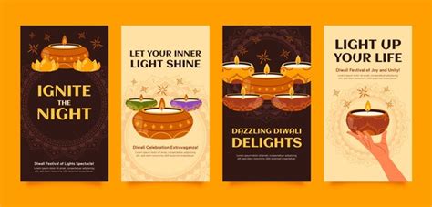 디왈리 축제 축하를 위한 플랫 인스타그램 스토리 컬렉션 무료 벡터