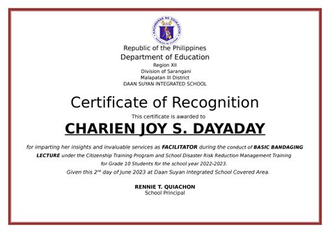 June 2 Dep Ed Template Certificate Of Recognition A4size Temp No