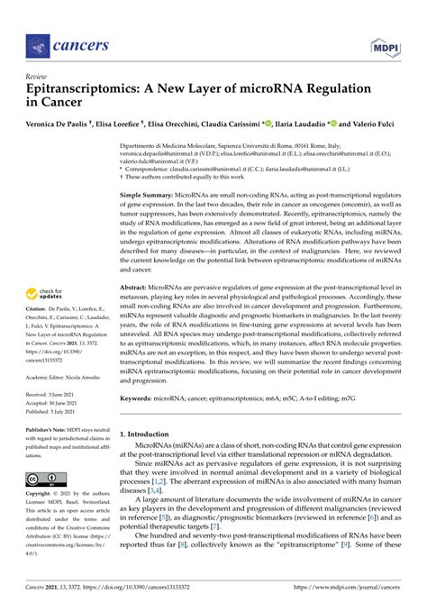 Pdf Epitranscriptomics A New Layer Of Microrna Regulation In Cancer