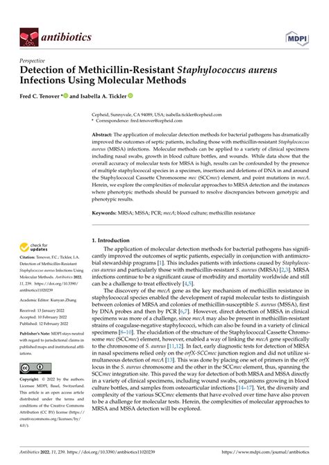 Pdf Detection Of Methicillin Resistant Staphylococcus Aureus Infections Using Molecular Methods