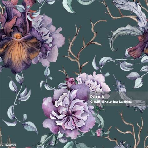 고딕 꽃 완벽 한 패턴 손으로 그렸습니다 검은 붓꽃과 모란 꽃은 어두운 곳에서 고립된 수채화입니다 신비로운 파티를 위한 걸림돌과