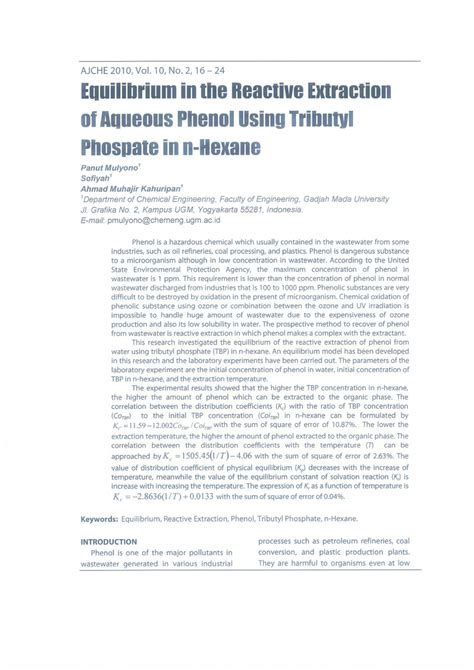 Pdf Equilibrium In The Reactive Extraction Of Aqueous Phenol Using