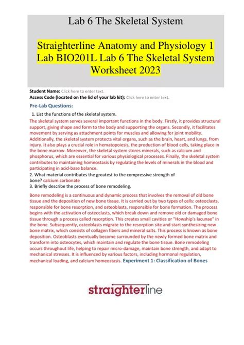 Straighterline Anatomy And Physiology Lab BIO L Lab The Skeletal System Worksheet