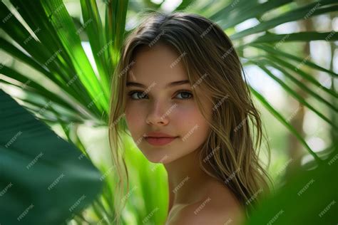 Elegant Girl Standing In Front Of Lush Palm Leaves Her Beauty Enhanced