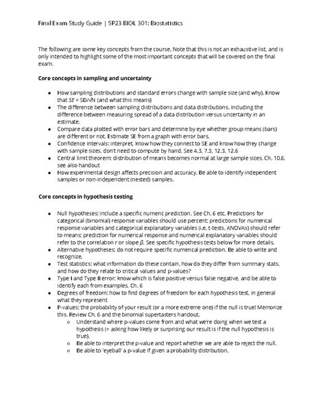 Final Exam Study Guide Summary Biostatistics Final Exam Study Guide
