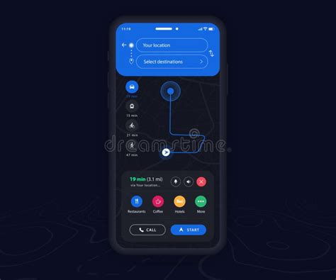 Map Gps Navigation Dark Mode Ux Ui Concept Smartphone Map Application And Destination Blue