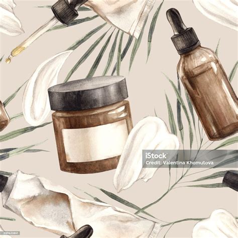 야자수 잎 세럼 병 크림 병 구겨진 튜브 및 흰색 크림 얼룩 베이지색 배경에 그려진 수채화 완벽 한 패턴 화장품 잡지 및 포스터 섬유의 에코 브랜딩을 위해 갈색에 대한 스톡
