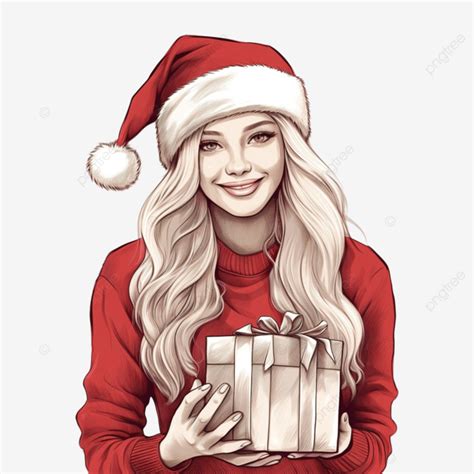 크리스마스 모자를 쓴 금발 소녀 선물 상자를 들고 있는 행복한 소녀 손으로 그린 벡터 스케치 산타걸 빨간 선물 상자 크리스마스 선물 상자 Png 일러스트 및 이미지 에
