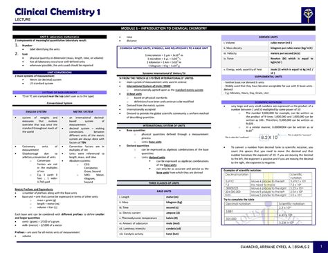 Module 1 Unit 5 Transes And Notes Clinical Chemistry 1 Lecture