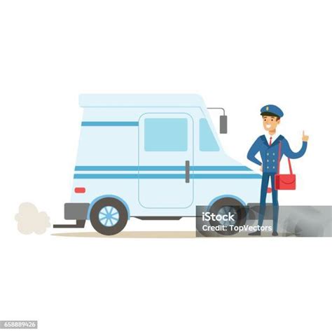 메일 제공 미소로 우체부 의무 자동차와 파란색 유니폼에 우편 배달 부 남자에 대한 스톡 벡터 아트 및 기타 이미지 남자 독일 만화 Istock