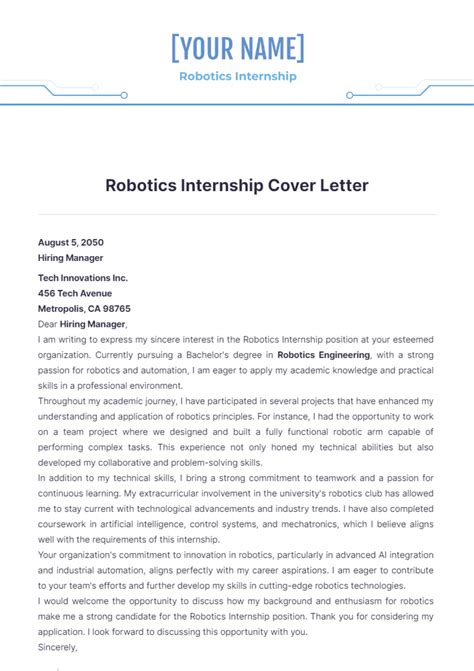 Free Robotics Internship Cover Letter Template To Edit Online