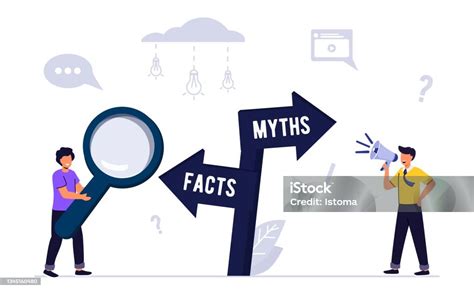 신화와 사실 평면 작은 사람 개념 사업가와 사실의 방향 표시에 정보 정확성 은 신뢰와 정직한 데이터 소스 대 소문 장면 가짜 뉴스를 확인 신화에 대한 스톡 벡터 아트 및