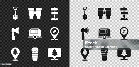 삽 쌍안경 도로 교통 표지판 숲의 위치 침낭 나무 도끼 및 Rv 캠핑 트레일러 아이콘을 설정합니다 벡터 가방에 대한 스톡 벡터 아트 및 기타 이미지 Istock
