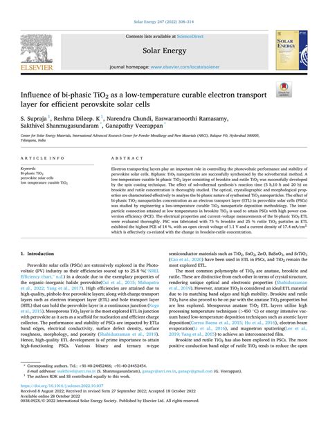 Pdf Influence Of Bi Phasic Tio2 As A Low Temperature Curable Electron Transport Layer For