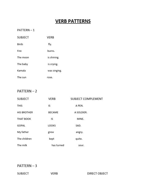 Verb Patterns Pdf Verb Subject Grammar