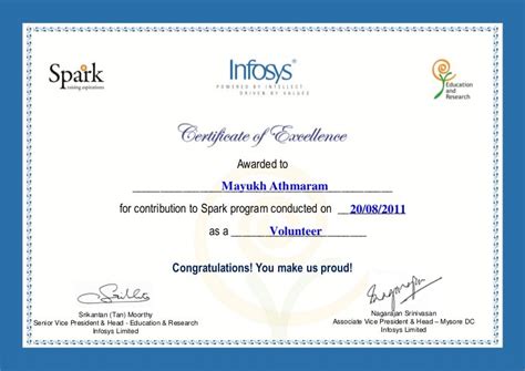 certificate of excellence by infosys