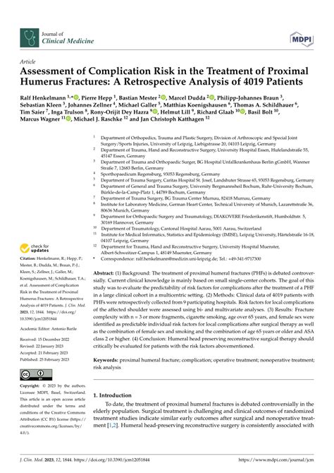 Pdf Assessment Of Complication Risk In The Treatment Of Proximal Humerus Fractures A