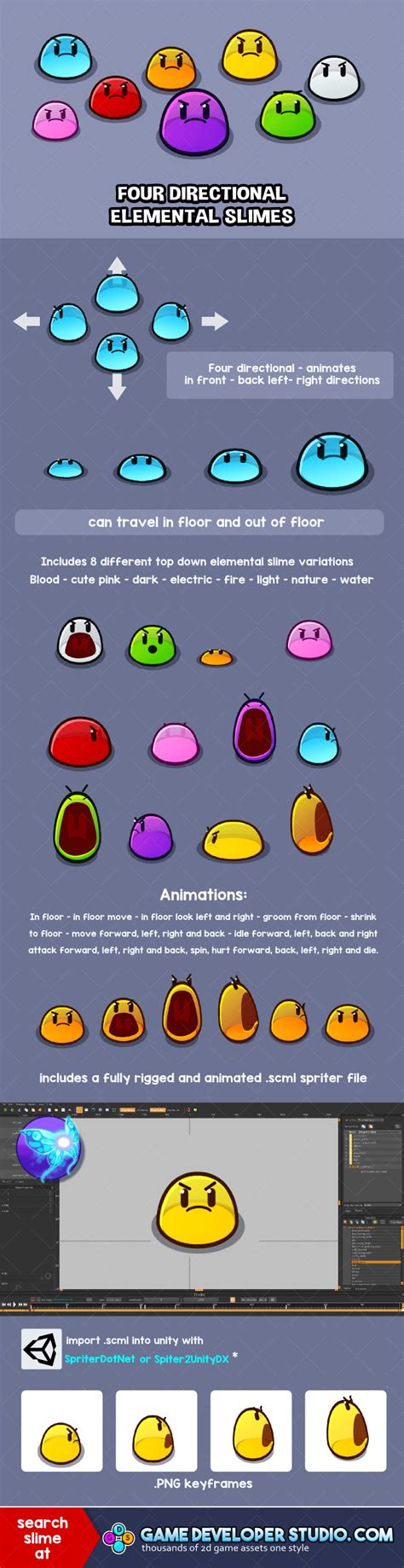 Animated Four Directional Elemental Slime Enemies