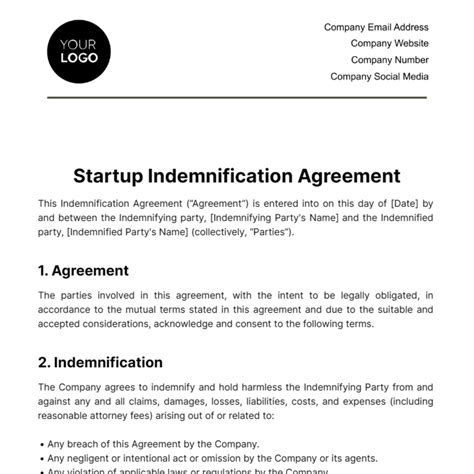 Startup Indemnification Agreement Template Edit Online And Download