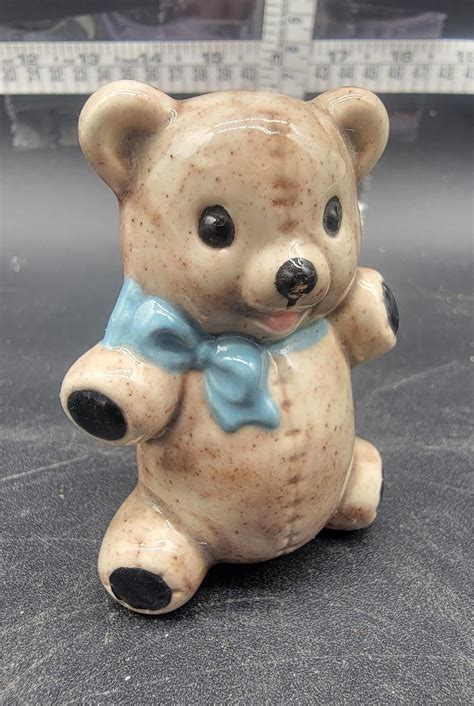 Vintage Ceramic Little Teddy Bear With Blue Bow Etsy