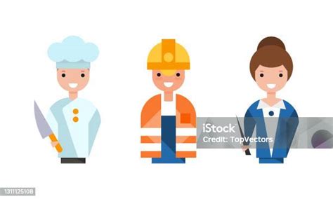 다양한 직업 세트 교사 요리사 쿡 건설 노동자 캐릭터 만화 벡터 일러스트레이션 가공의 인물에 대한 스톡 벡터 아트 및 기타 이미지 가공의 인물 개체 그룹 남자