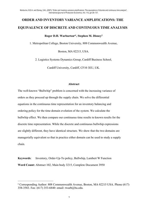 Pdf Order And Inventory Variance Amplification The Equivalence Of Discrete And Continuous