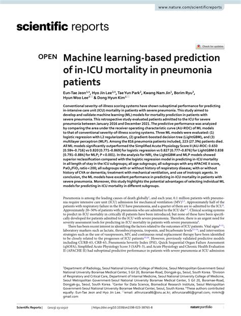 Pdf Machine Learning Based Prediction Of In Icu Mortality In Pneumonia Patients