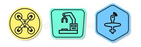 Set Line Drone Flying Robotic Robot Arm Hand Factory And Uav Drone Colored Shapes Stock Vector