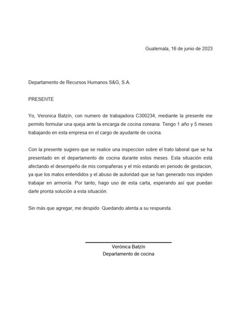 Modelo Carta De Queja Laboral Pdf