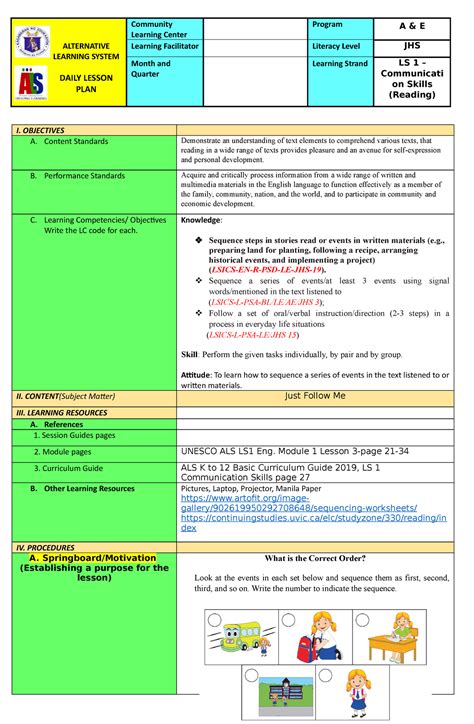 Ls1 Eng Dlp Jhs Sequencing Events Alternative Learning System