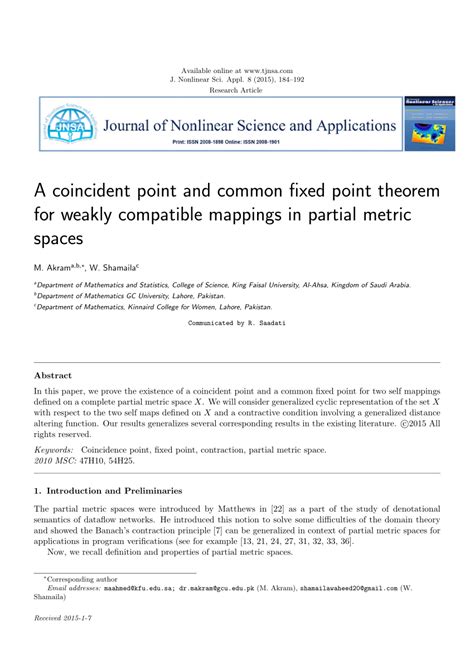 Pdf A Coincident Point And Common Fixed Point Theorem For Weakly