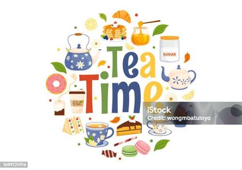 뜨거운 음료 달콤한 디저트 및 쿠키의 머그잔과 함께 티타임 벡터 그림은 일반적으로 플랫 만화 손으로 그린 템플릿에서 식사 사이에 수행됩니다 레몬에 대한 스톡 벡터 아트 및