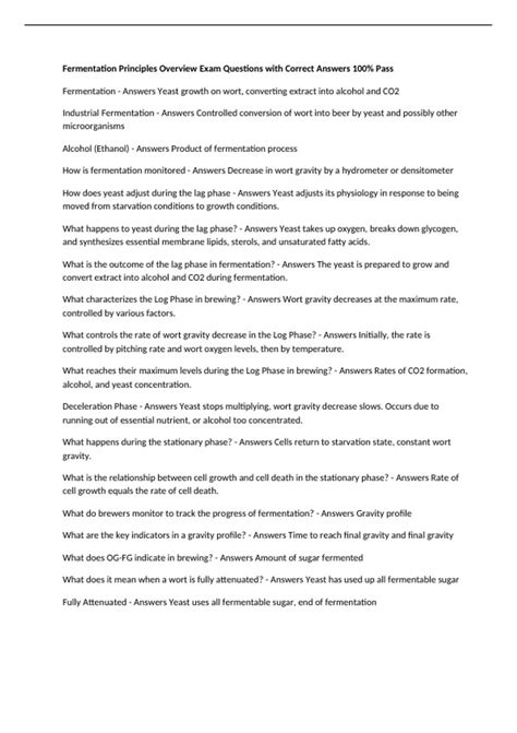 Fermentation Principles Overview Exam Questions With Correct Answers 100 Pass Fermentation