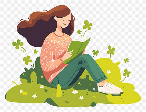 Woman On Clover Field Girl Reading In Nature Png 3632x2808px Woman On Clover Field Book