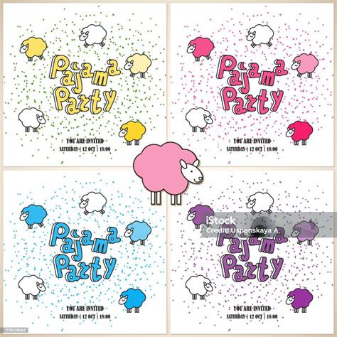 잠옷 파티 잠자는 파티 파자마 파티 텍스트 공간이 있는 초대 카드 또는 포스터 템플릿 집합입니다 점프 양 잠들기 전에 양을 세는 다 배경 벡터 낮에 대한 스톡 벡터 아트 및