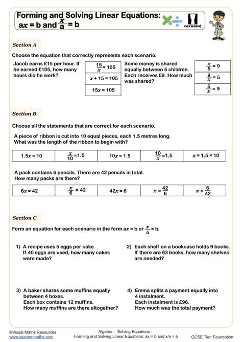 Forming And Solving Linear Equations A𝑥 B And 𝑥a B Worksheet