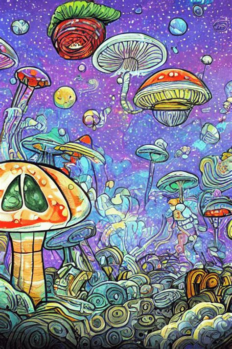 Trippy Mushroom Rockets Met Windows Ruimtescène Zwevende Planeten Met Manen Art Station