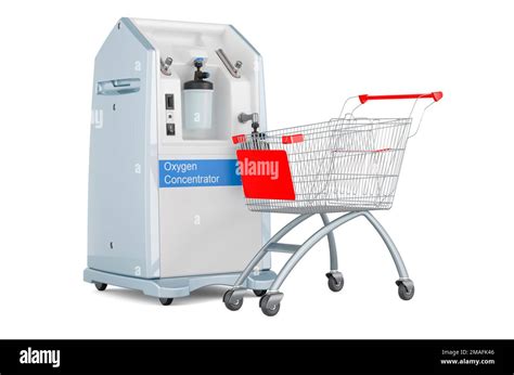 Home Oxygen Concentrator With Shopping Cart 3d Rendering Isolated On White Background Stock