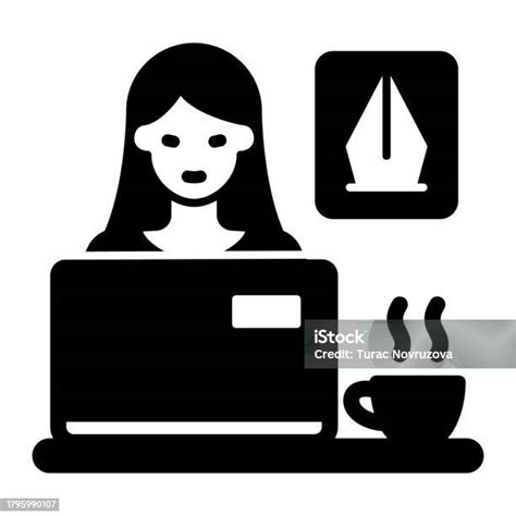 Laptot와 커피 한 잔 솔리드 아이콘 작업 개념 흰색 배경에 건축가 벡터 기호 글리프 스타일 아이콘 모바일 개념 웹 디자인에 작업 하는 여성 디자이너 벡터 그래픽 가구에